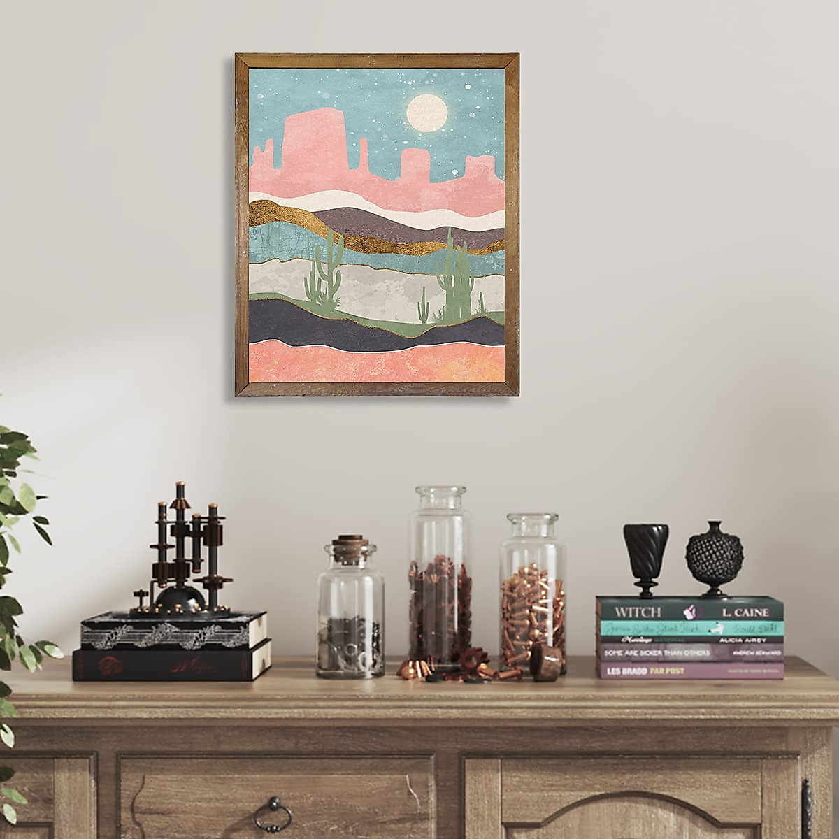 Southwestern Desert Wall Art - Pastel Pink and Teal Poster Picture Prints - Modern Boho Mountain Wall Decor - Green Cactus Room Decor - Textured Nature Art - Abstract Western Artwork for Bedroom 8x10