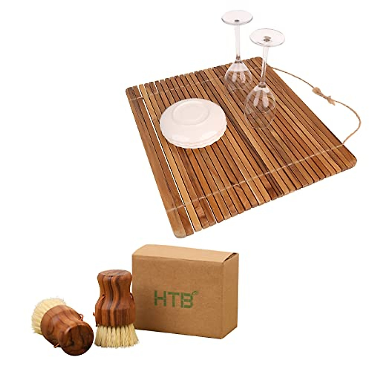 HTB Teak Dish Drying Rack & Dish Scrub Brush