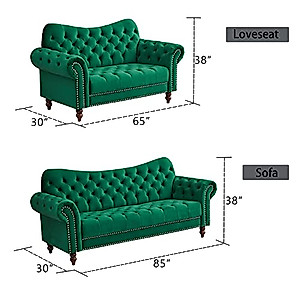 INSTORY Velvet Sofa Traditional Couch Tufted Loveseat with Wooden Legs for Living Room, Office, Bedroom - Green