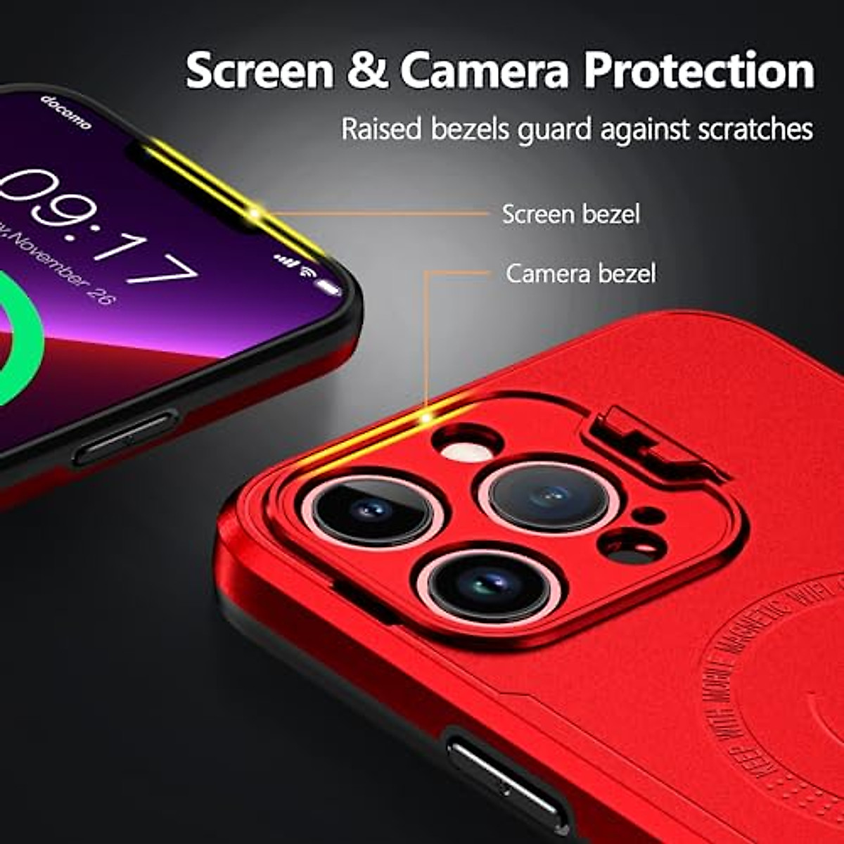 HAMBNAG Magnetic Case for iPhone 13 Pro Max Compatible with MagSafe,[2 Layer Military Grade Structure Protection][Built-in Camera Ring Stand] Cover for iPhone 13 Pro Max 6.7 Inch,Red