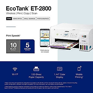 Epson EcoTank ET-2800 Wireless Color All-in-One Inkjet Printer, Print & Copy & Scan, 1200 x 2400 dpi, 1.44" Color LCD Display, Cartridge-Free, Photo Printing, White, with Lanbertent Printer Cable
