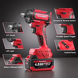 Revvstark Impact Wrench, Max Torque 480 Ft-lbs / 650N.m Cordless 1/2 Impact Driver, 20V 3000RPM Power Impact Gun with 4.0Ah Li-ion Battery and 1.5H Fast Charger, 5 Pcs Impact Sockets Included