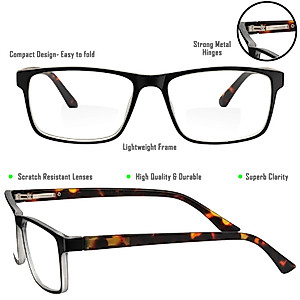 Yogo Vision Bifocal Reading Glasses for Men and Women, Rectangle MultiFocal Readers with Spring Hinges, Retro Design Black/Havana 1.75