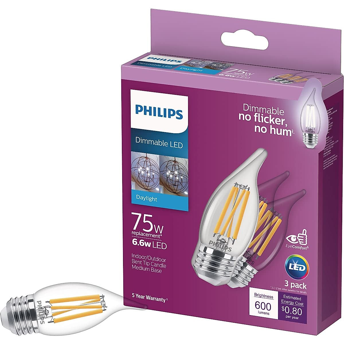 Philips LED Clear Dimmable BA11 Light Bulb - Pack of 3 - EyeComfort Flicker Free - 6.6W = 75W - 600 Lumen - Daylight (5000K) - E26 Base - Indoor - Title 20