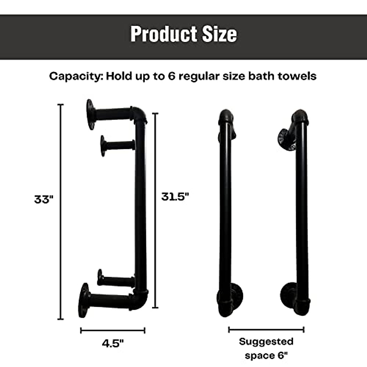 Baru Decor - Industrial Pipe Towel Rack 32 Inch, Black Powder Coated, Farmhouse Bathroom Towel Storage, Holder Bathroom Wall Towel Rack, Bathroom Organization, Bath Towel Holder