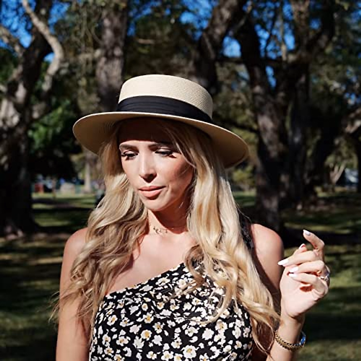 Lanzom Sun Hats for Women Wide Brim Straw Boater Hat Foldable Packable Beach Hat for Summer (Z-Khaki, Medium)