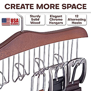 Belt Hanger (Wooden, Cherry Maple, 12 Hooks), Closet Organizer for Ties, Belts, Scarves, Rotating Swivel Holder for Necktie Wardrobe Storage by Zoe Deco