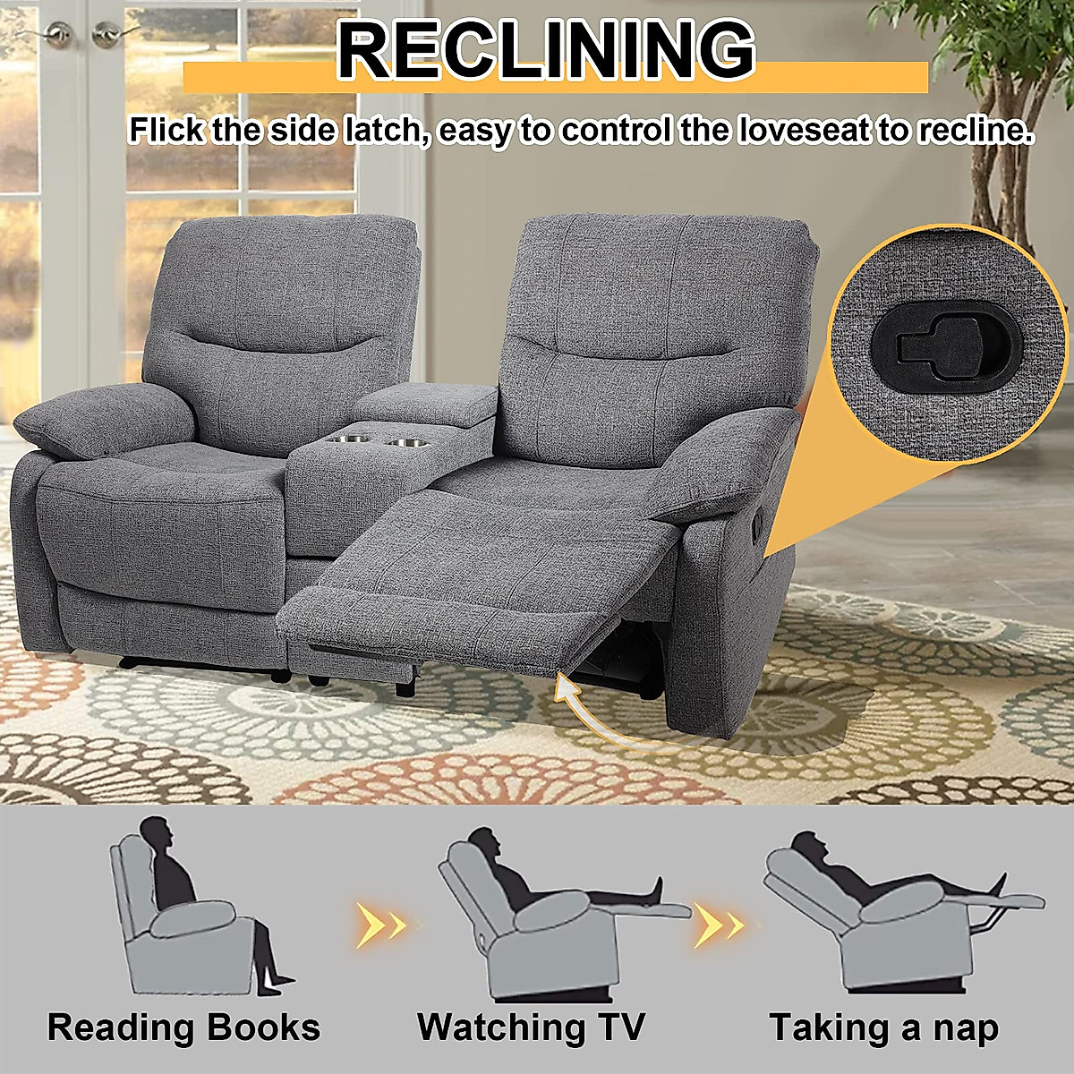 VUYUYU Reclining Sofa, Double Reclining Loveseat with Console, 2 Seater Sofa Home Theater Seating, Fabric Recliner Sofa Couches with Storage and Cup Holders (Gray)