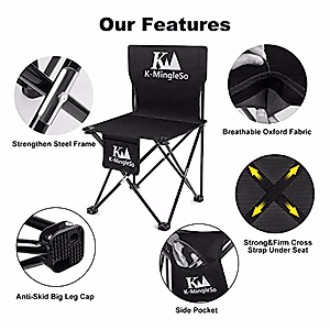 K-MingleSo Upgraded Folding Camping Chair with Side Pocket, Compact Ultralight Backpacking Chair for Fishing, BBQ, Beach, Travel, Picnic, Large Size, Hold Up to 330lbs [Black]