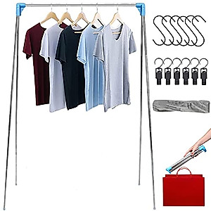 Portable Travel Garment Rack, Stainless Steel Foldable Clothes Rack, Extra Compact and Lightweight, Collapsible Mini Drying Clothes Rack with 6pcs S Hook and 6pcs Clothes Clip for Camping, Laundry