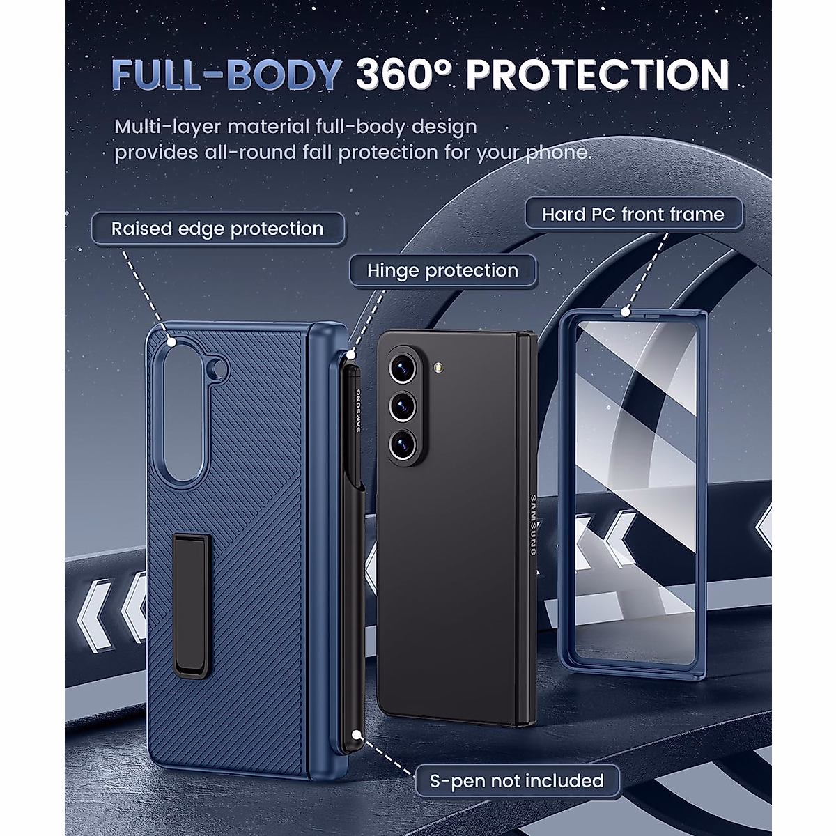Caka Case for Galaxy Z Fold 5 Case with S Pen Holder & Screen Protector & Kickstand & Hinge Protection 360 Military Grade Shockproof Phone Cover for Samsung Galaxy Z Fold 5 - Blue