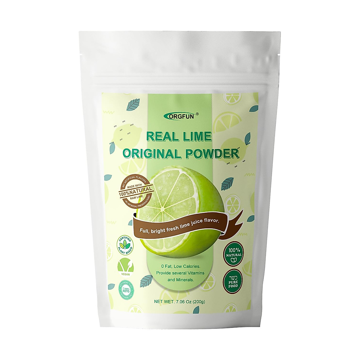ORGFUN Original Lime Powder, Whole Lime Juice Freeze Dried Powder, Fresh Squeezed Lime Juice Prefer for Cocktails, Drinks, Smoothies, and Cooking 7.06 Oz