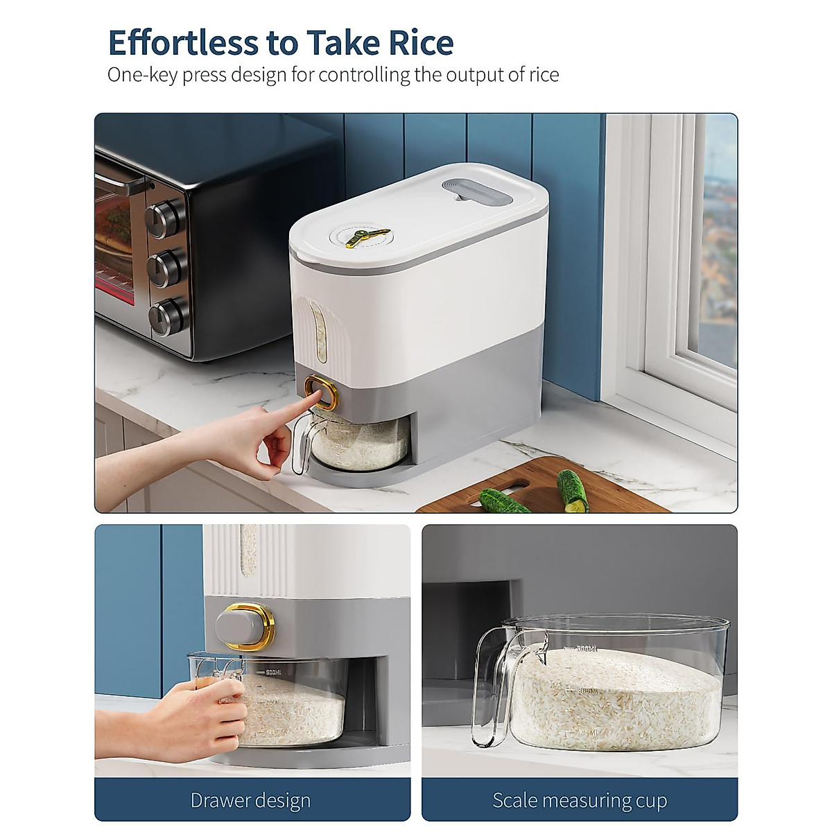 Lenwi 11 Lbs Rice Dispenser, Large Rice Container with Scale Measuring Cup, BPA-Free Household Rice Storage Container with Time Scale, for Home Kitchen Pantry Organization