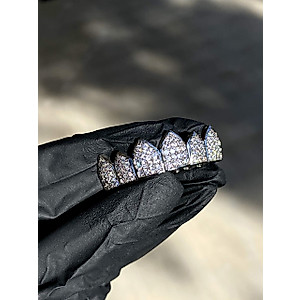 18K White Gold Plated CZ Cluster Custom Slugs Top Grillz Mouth Teeth Grills - Grillz, Teeth Cap, Iced Out Grillz (Top)