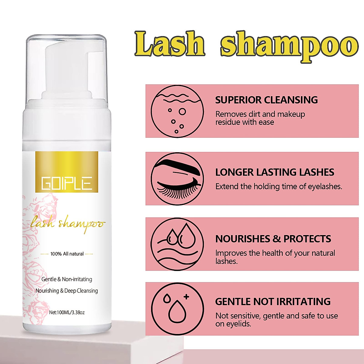 100ml Eyelash Extension Cleanser Lash Mousse Unsent Lash Shampoo for Extensions, Natural Lashes Makeup & Mascara Remover Professional & Self Use with Cotton Puff Lash Cleanser 3.38Oz
