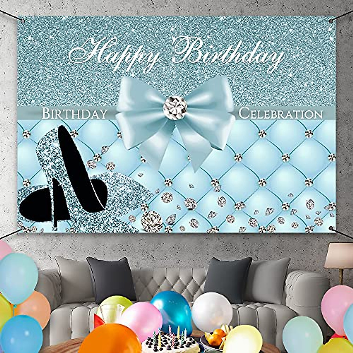 AWERT Polyester 6x3.6ft Happy Birthday Banner Glitter High Heels Diamonds Bowknot Blue Gold Sign Poster for Birthday Backdrop for Women Girls Birthday Party Decorations Banner