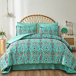 7 Piece Bed in a Bag Queen Floral Comforter Set,Green and Colorful Botanical Flowers Comforter and Sheet Set,Soft Lightweight Microfiber Bedding Sets for All Season(Green,Queen)