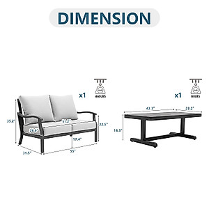 LebenLiebe Outdoor Patio Loveseat 2 Seat Sofa Patio Love Seat with Curved Armrests Aluminum Loveseat Couch with Coffee Table,Gark Grey