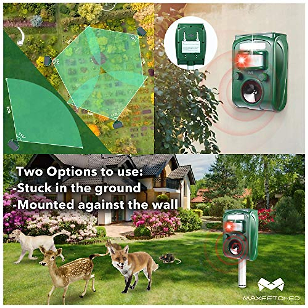 Maxfetched Solar Animal Repeller Ultrasonic Outdoor, Deer Repellent Raccoon Repellent Ultrasonic with Motion Sensor, Deter Unwanted Animals Such as Deer Raccoon Squirrel Dog Cat Bird Marten Fox