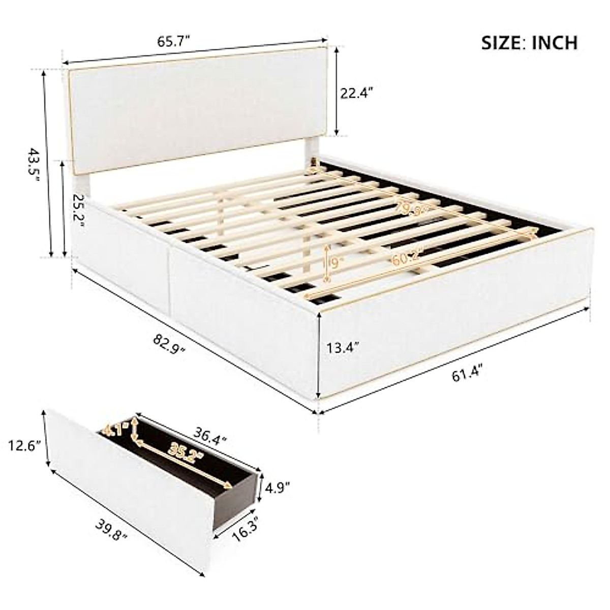 ATY Upholstered Queen Size Bed with 4 Drawers and Headboard, Wood Platform Bedfrme w/Footboard & Storage, Save Space for Bedroom, Livingroom, Guestroom, No Spring Needed Required, White
