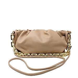 Prime Original Women's Chain Pouch Bag | Cloud-Shaped Dumpling Clutch Purse | Ruched Chain Shoulder Handbag (Beige)