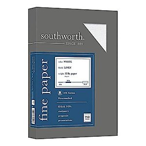 Southworth 25% Cotton Business Paper, 8.5” x 11”, 32 lb/120 GSM, Linen Finish, White, 250 Sheets - Packaging May Vary (J558C)