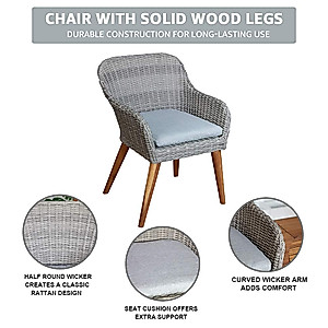 Soleil Jardin Outdoor 3-Piece Bistro Set with Seat Cushion, Two Chairs and Wood Top Side Table, Gray Wicker with Wood Leg