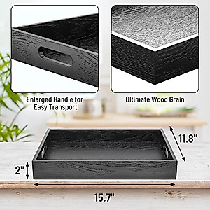Wood Serving Tray with Handles, Home Decorative Wooden Rectangle Ottoman Decor Platter Vanity Tray for Breakfast Dinner Drinks Kitchen Dining Living Bathroom Restaurants Black