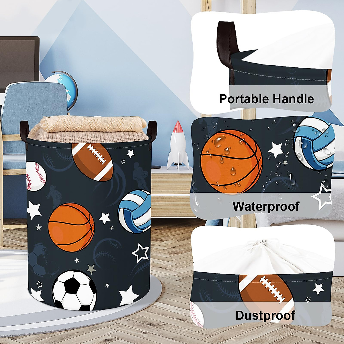Clastyle 63L Large Sport Balls Kid Laundry Hamper with Handle for Boy Collapsible Clothes Toy Storage Basket with Lid for Bedroom Bathroom Nursery