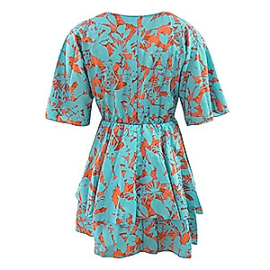 Summer Dresses For Women 2023 Beach Casual V Neck Boho Floral Dress Hide Belly Fat 3/4 Sleeve Loose Fit Cute Mini Sundress Spring Fashion Going Out Dress Clothes Hawaiian Dresses(A Blue,X-Large)