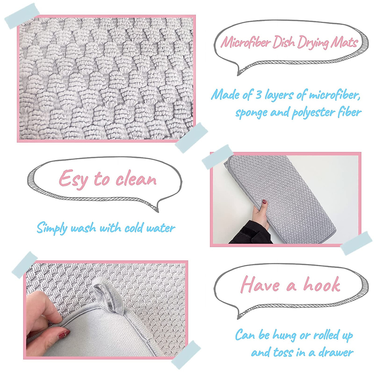 2 Pack Microfiber Dish Drying Mat,24*17 inch Absorbent Dish Drainer Kitchen Counter,Large Size Dish Drying Pad for Countertops,Sinks,Draining Racks(Gray)