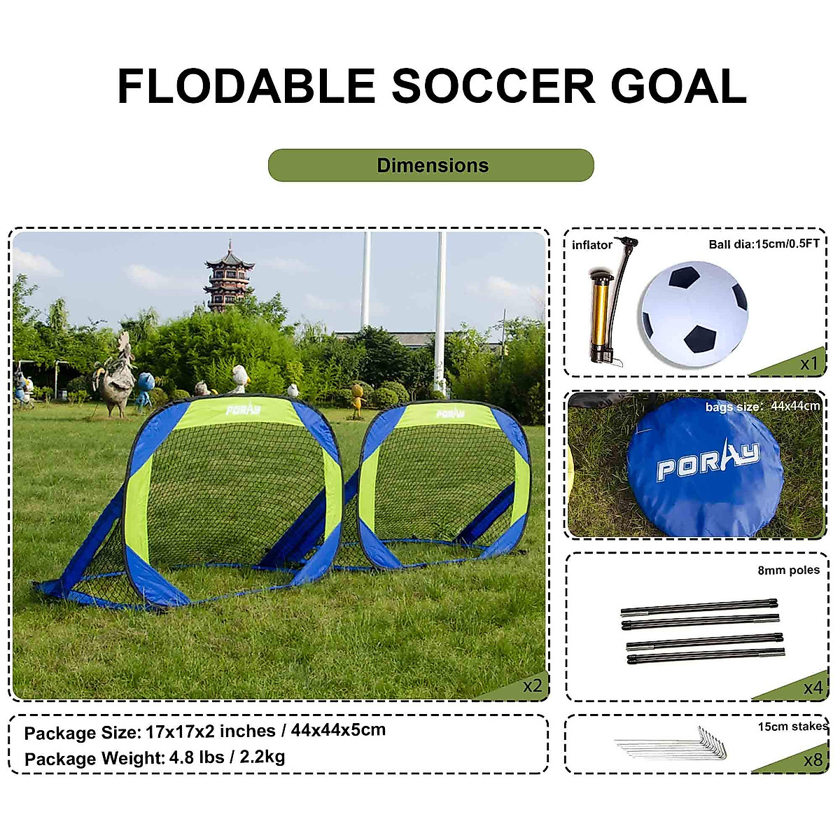Porayhut Pop up Soccer Goals Net,Portable Soccer Nets for Kids for Backyard,Set of 2 with Ball &Pump, Easy Assembly Soccer Goals with Compact Carrying Bag and 8 Steel Stakes,Gift for Kids