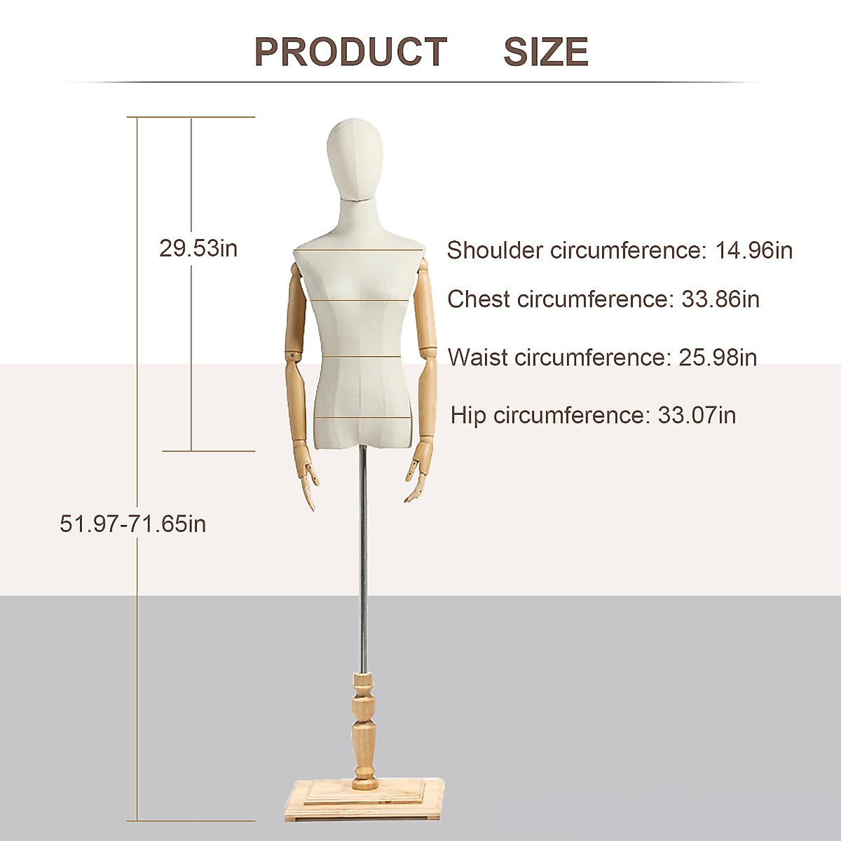 Dress Form Mannequin, Display Female Mannequin with Wooden Stand and Head, 55"~77" Height Adjustable Women Mannequin for Boutique Clothing Jewelry Store
