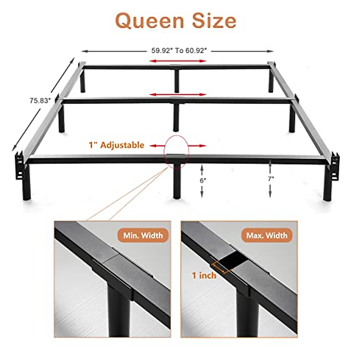 Realuson Basics Metal Bed Frame Queen Size,7 Inch Low to Ground Bed Base 9-Leg Support for Box Spring and Mattress,Heavy Duty Sturdy Black Bedframe,Tool-Free Easy Assembly