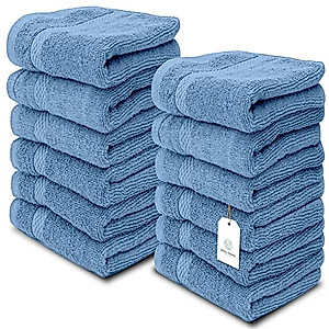 White Classic Luxury Hand Towels | 6 Pack Luxury Cotton Washcloths | 12 Pack Bundle (Light Blue)
