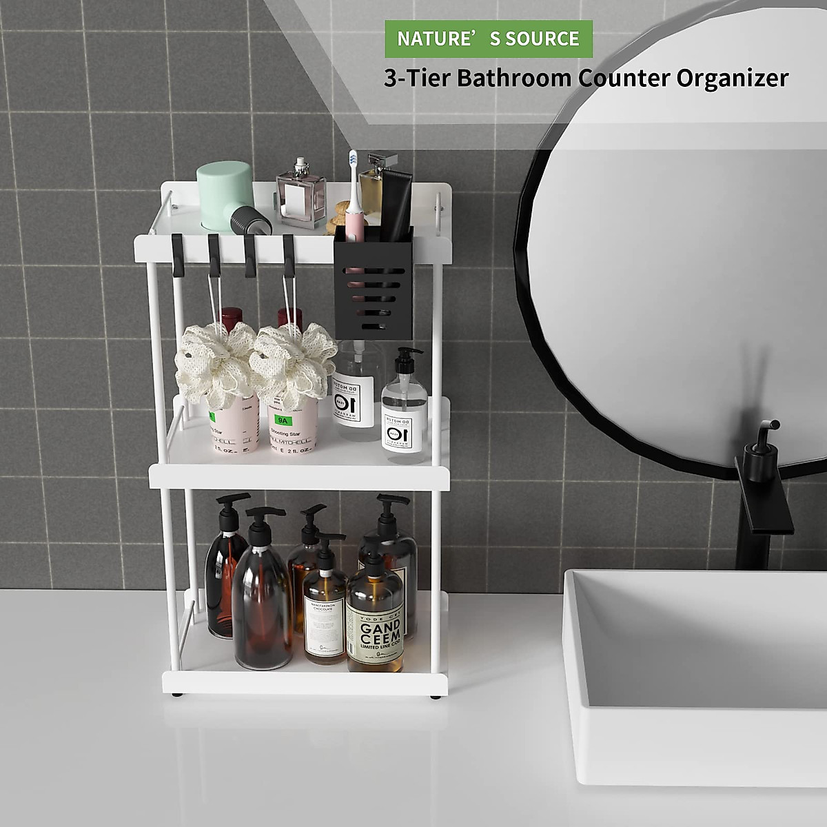 NATURE'S SOURCE 3 Tier Iron Bathroom Organizer Countertop with Hair Dryer Holder, Detachable Cups and Hooks- Makeup Organizer Perfume for Dresser Vanity Tray, Spice Rack Organizer for Kitchen (White)
