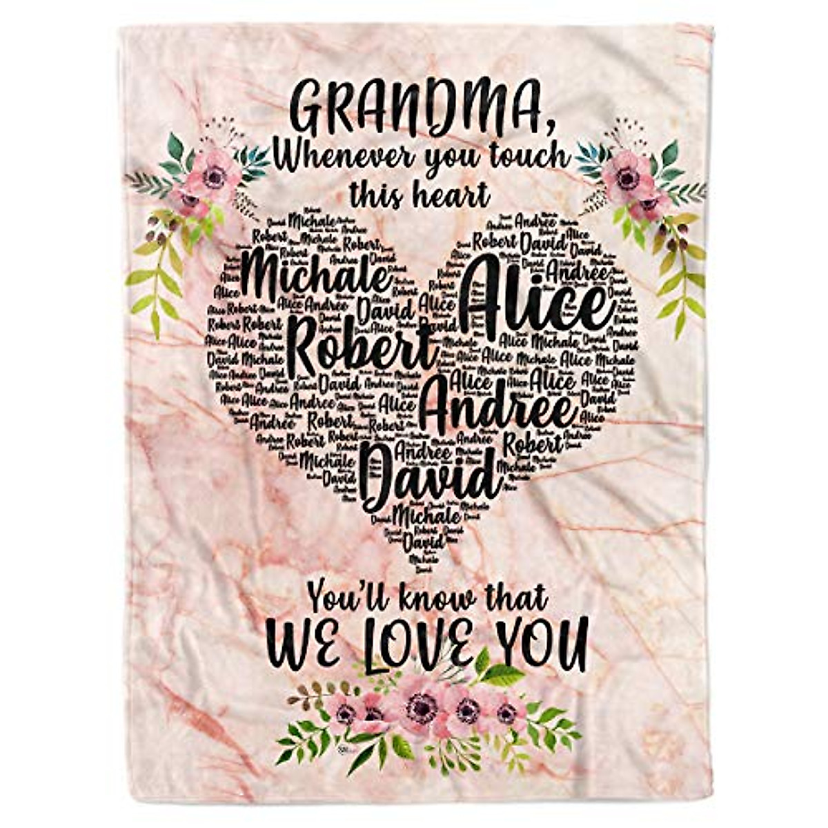 VTH GLOBAL Personalized Custom Grandma Grandkids Names Mothers Day Fleece Sherpa Throw Blankets Birthday Present for Nana Mimi Gigi Grandmother from Granddaughter Grandson (Pink Touch Heart)