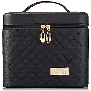 Sooyee Makeup Bag,Makeup Organizer with Mirror,Cosmetic Travel Bag with Fold Tray, Cosmetic Bags for Women Designed To Fit All Cosmetics Professional Makeup Case,Black