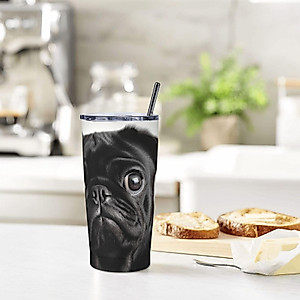 Cute Black Pug Dog print 20 oz Stainless Steel Tumbler With Lid And Straw Insulated Coffee Cup Portable Travel Mug For Cold And Hot Drinks
