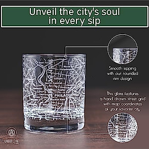Greenline Goods Whiskey Glasses - 10 Oz Tumbler Gift Set for Philadelphia lovers, Etched with Philadelphia Map | Old Fashioned Rocks Glass - Set of 2