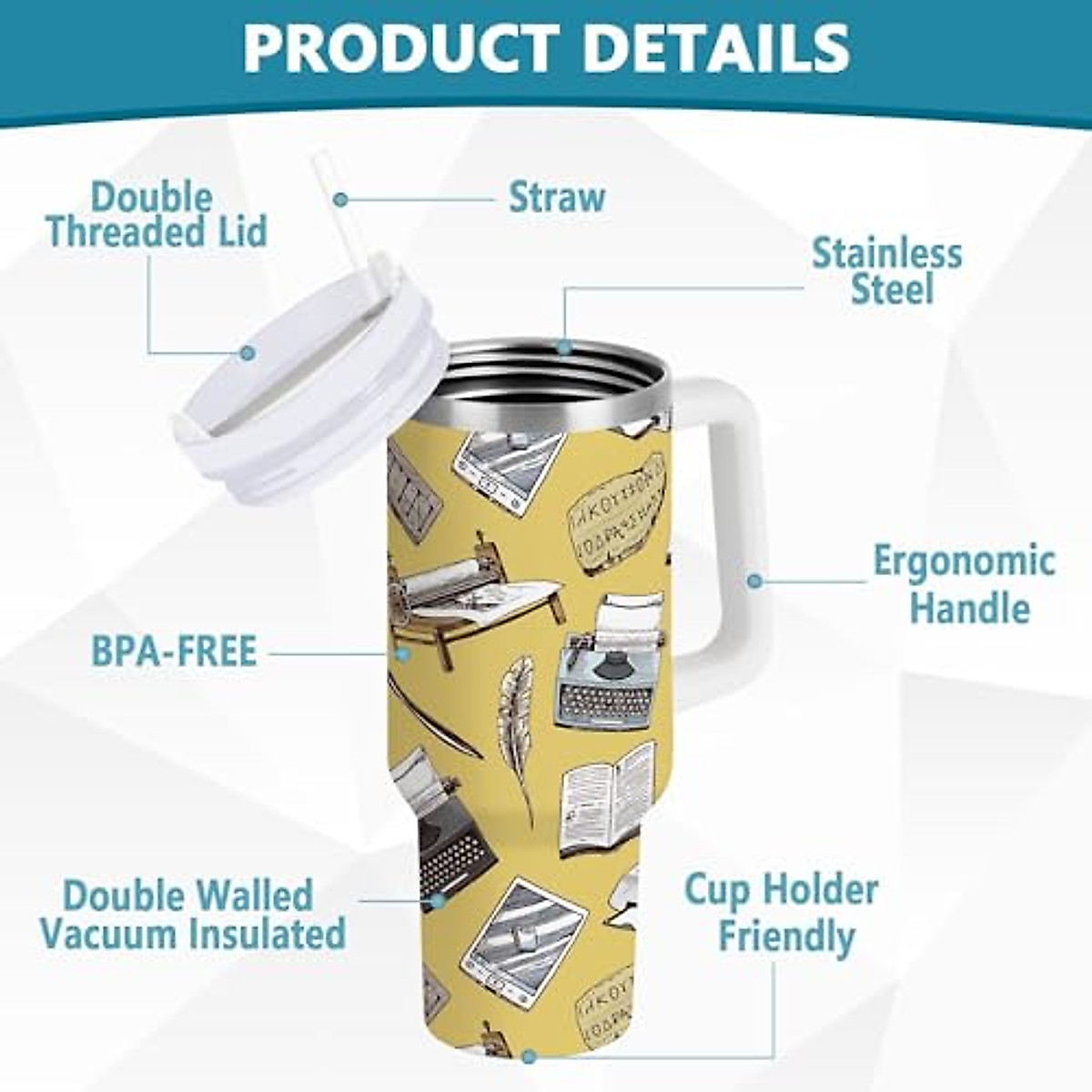 Emelivor Books Yellow 30 oz Tumbler with Lid and Straw Insulated Tumblers with Handle Leak Proof Coffee Tumbler Mug Large Water Bottles for Hot and Iced Cold Drinks