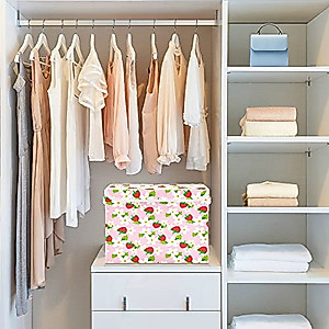 Kigai Pink Strawberry White Flower Storage Basket with Lid Collapsible Storage Bin Fabric Box Closet Organizer for Home Bedroom Office 1 Pack