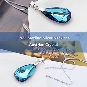 Preserved Blue Rose Box with Crystal Drop Necklace,Real Eternal Rose with S925 Sterling Silver Teardrop Sapphire Necklace,Blue Birthstone Pendant Gift for women on Valentine Anniversary Mothers day.