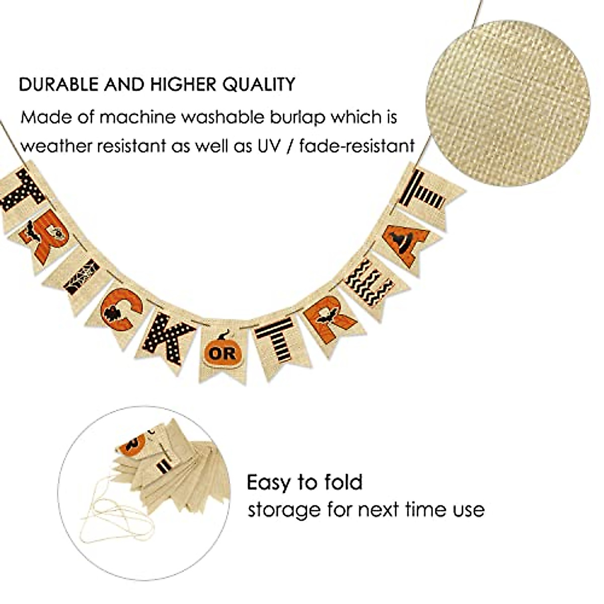 AVOIN Trick or Treat Banner No DIY Required Chevron Polka Dot Spider Web Bat Pumpkin Witch Hat, Rustic Pennant Decoration for Halloween Party Doorway Mantels Wall