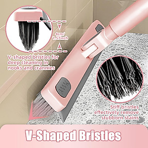 KZKR Floor Scrub Brush with Squeegee,Grout Brush with Telescopic Long Handle,V-Shape Floor Scrubber Brush with Scrape Stiff Bristle Shower Tile Grout Cleaning Tool for Kitchen Bathroom Baseboard Deck