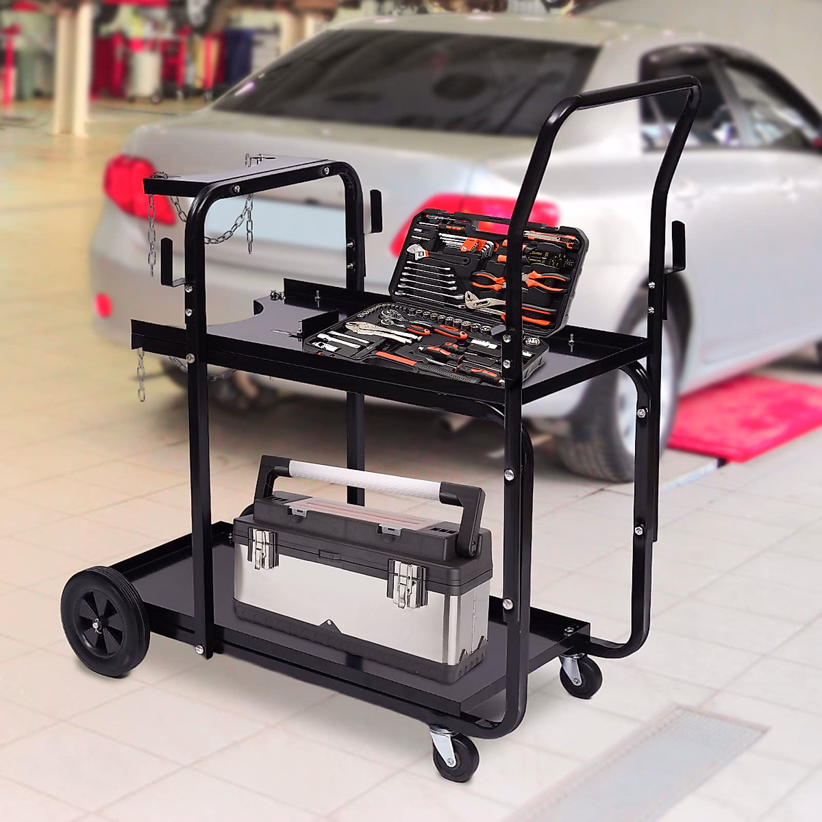 2-Tier Welding Cart Welder Portable Heavy Duty Dual Cylinder Rack &Welding Cart for Plasma Cutter Arc Mobile Design Welder Stand Storage with Tank Storage Trolley Workshop Organizer