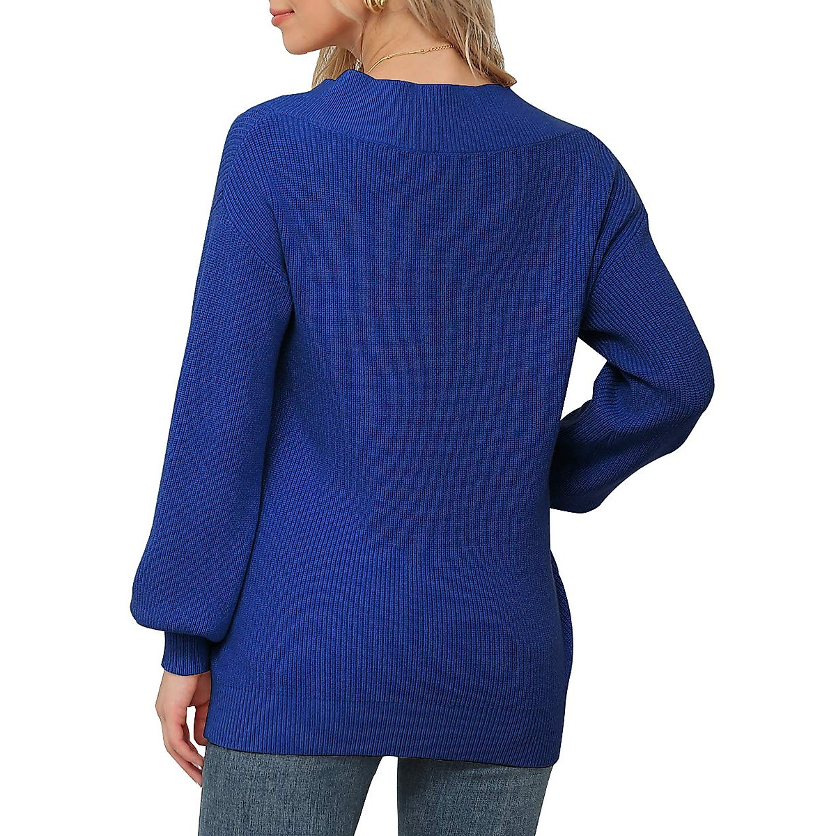 Feiersi Women's Off Shoulder Sweater Long Sleeve Loose Tops V-Neck Pullover Knit Jumper(Royal Blue,Large)