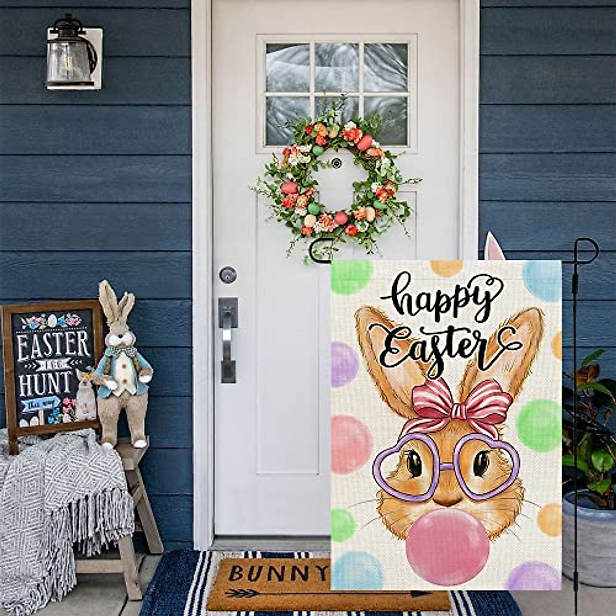 CROWNED BEAUTY Happy Easter Bunny Garden Flag Bubbles 12x18 Inch Double Sided for Outside Burlap Small Yard Holiday Decoration CF703-12