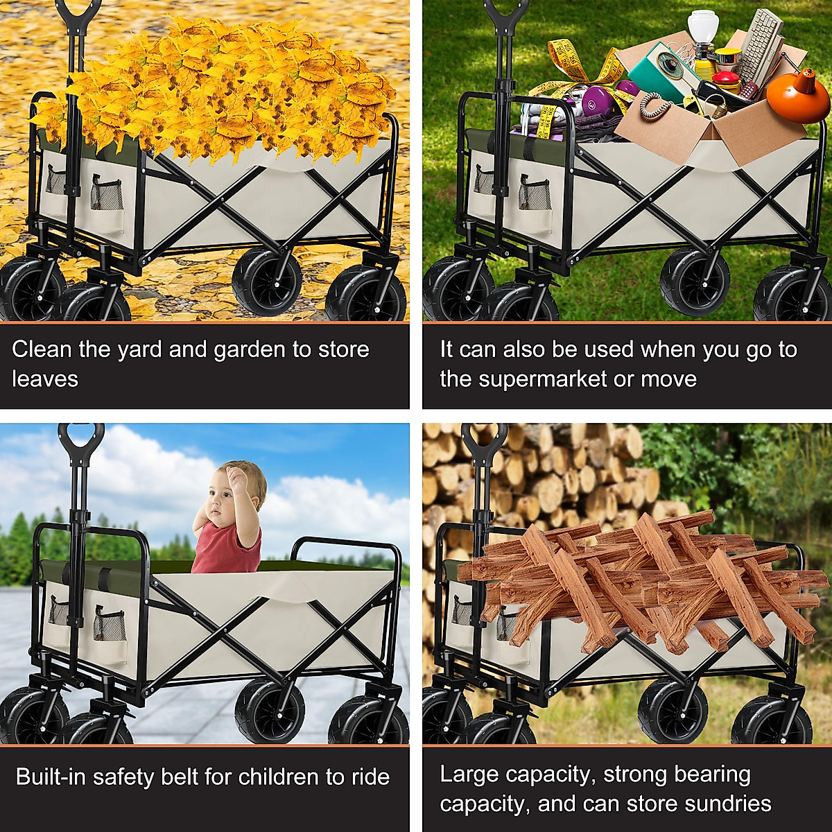 DOBEGARDEN Collapsible Folding Wagon Bearing 220lbs Beach Wagon Portable Utility Garden Cart Heavy Duty Grocery Wagon for Camping Picnic Shopping and Travel Trailer with All Terrain Silent Wide Wheels