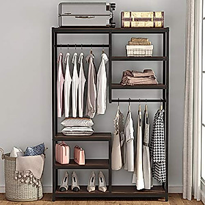 Tribesigns Free-standing Closet Organzier, Double Hanging Rod Clothes Garment Racks with Storage Shelvels, Heavy Duty Metal Closet Storage Clothing Shelving for Bedroom, Capacity 400 lbs (rustic)